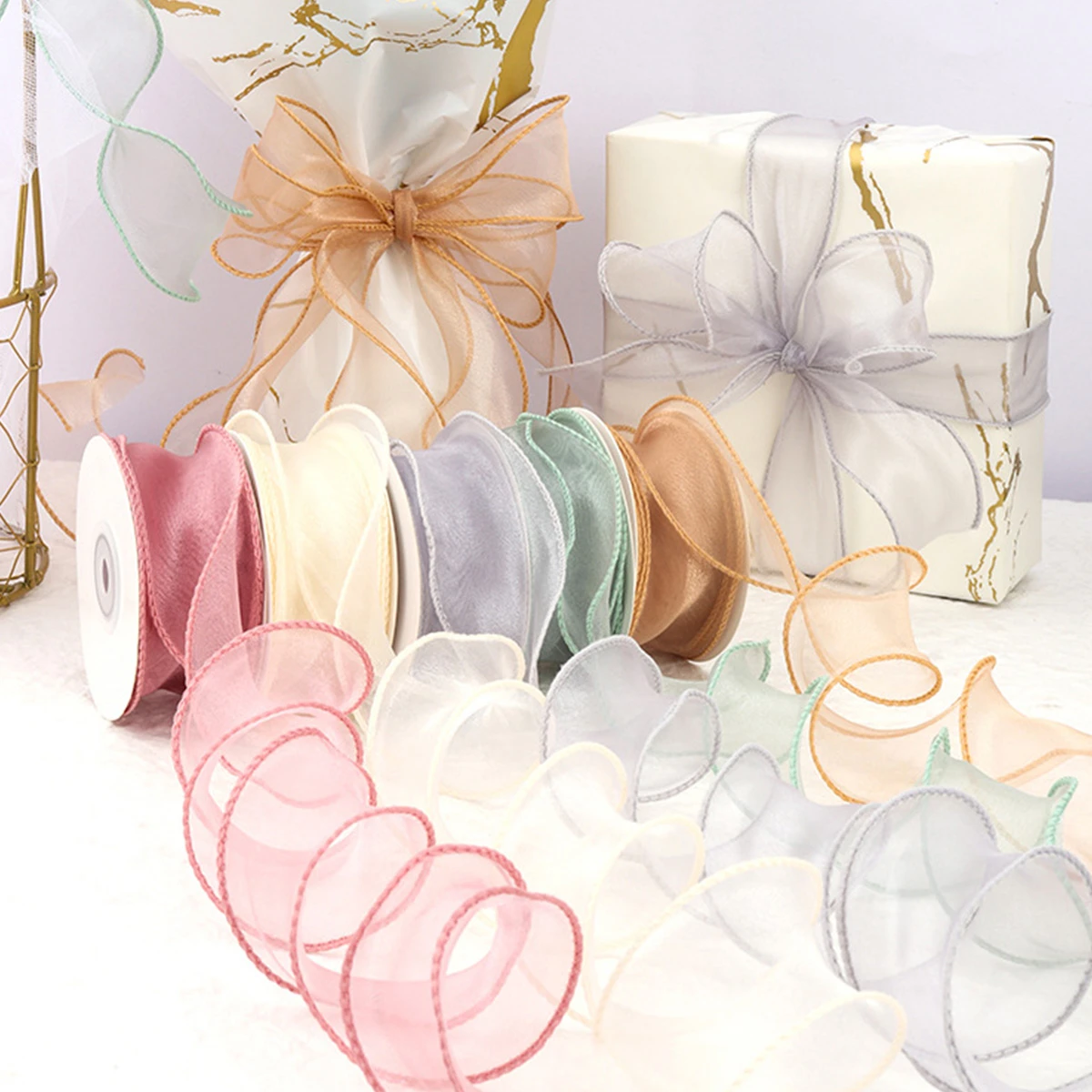 10m Sheer Wired Organza Ribbons With Golden Edge Chiffon Ribbon ...