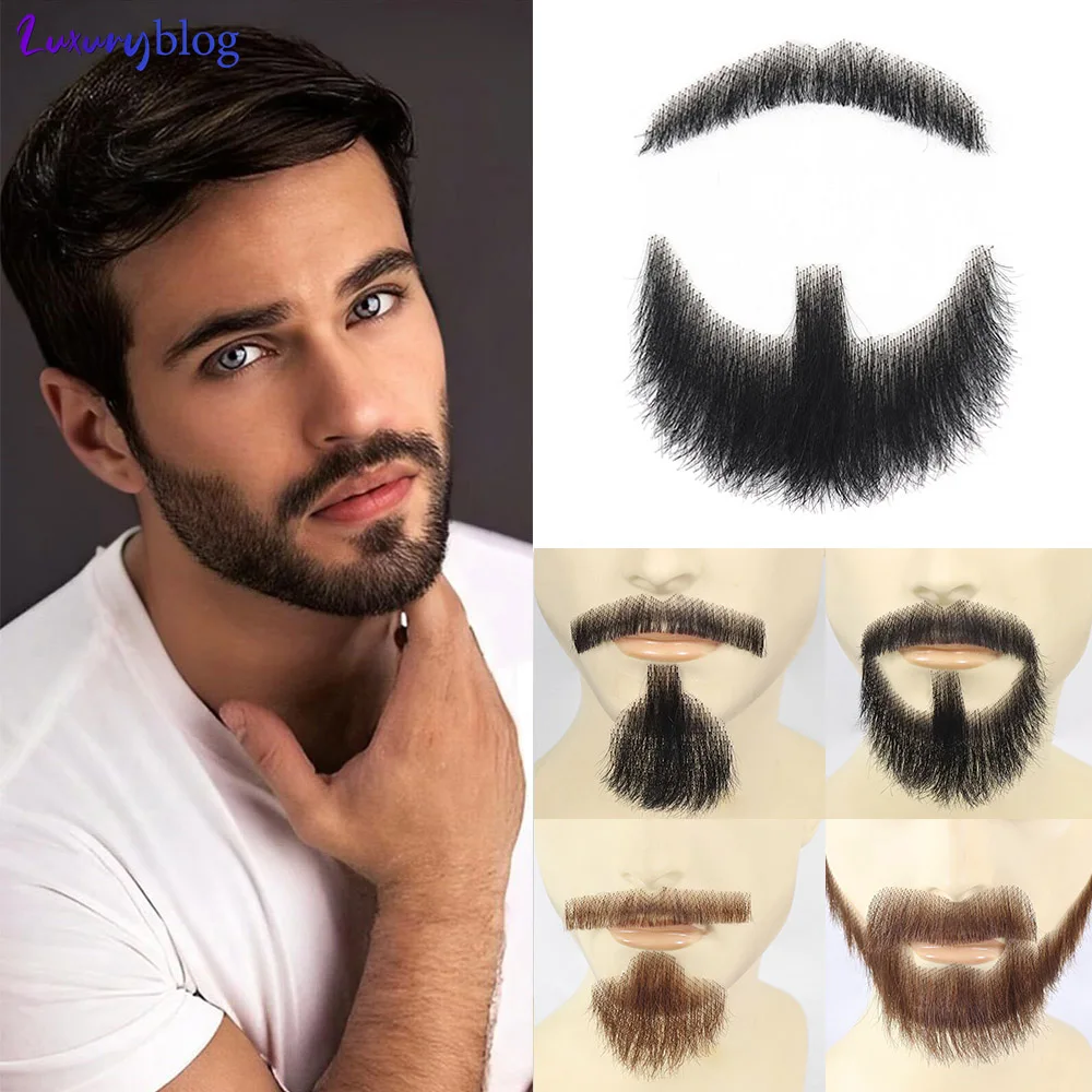 Black Human Hair Fake Face Beard Mustache For Men Invisible Swiss Lace ...