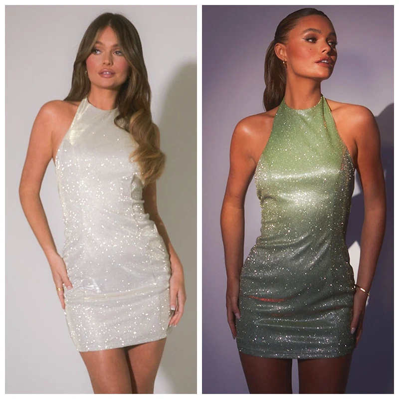 Trendy Backless Halter Dress for Women Sexy Bodycone Skirt Reflective ...