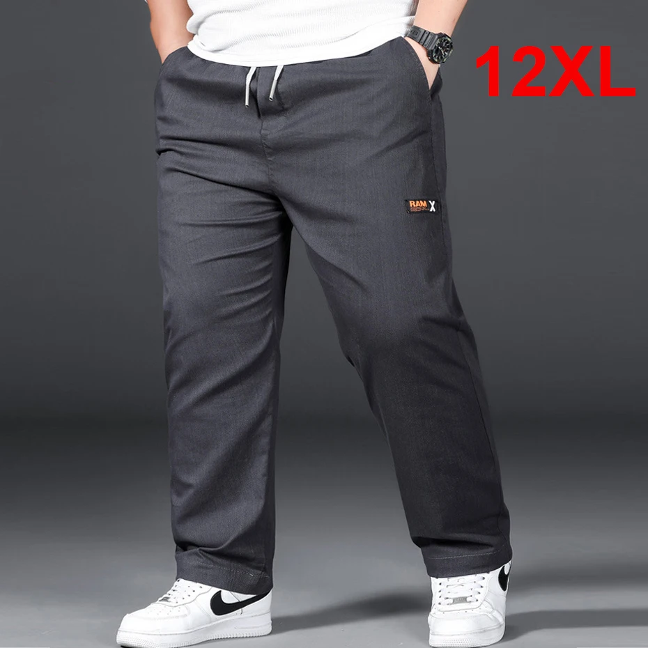 Plus Size 12XL Pants Men Casual Trousers Elastic Waist Straight Pants Male Fashion Grey Black ...