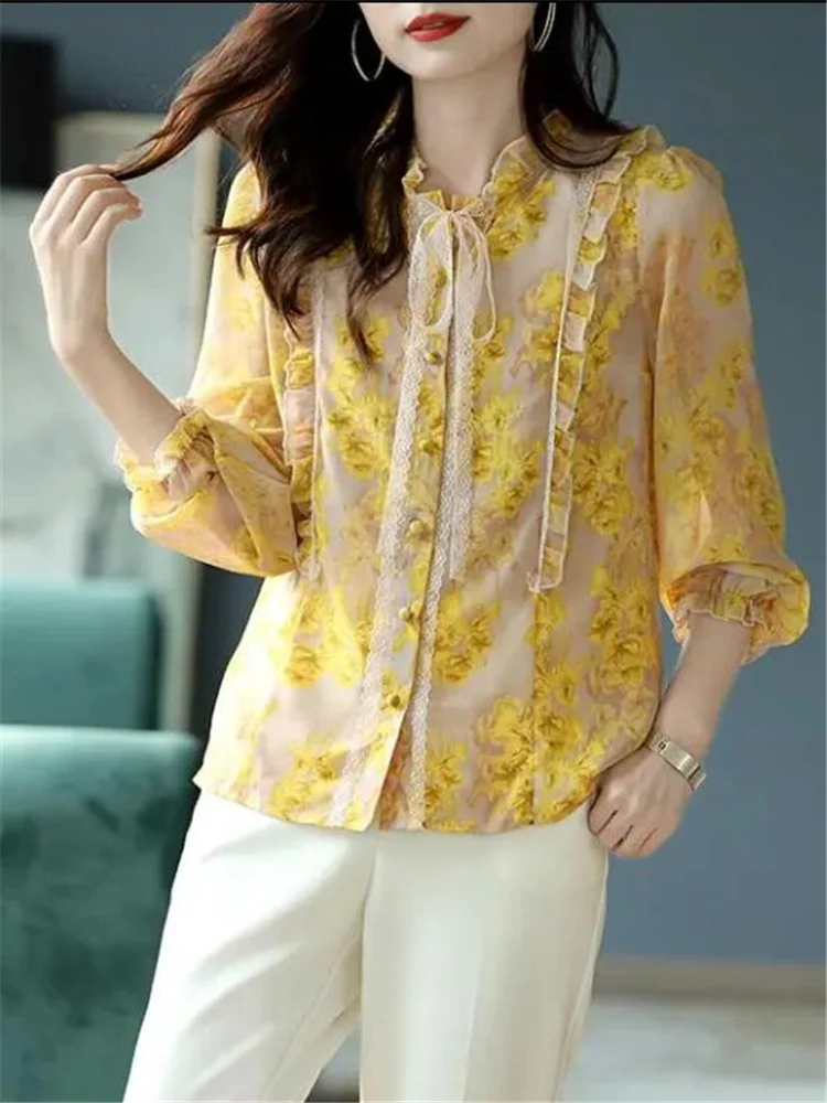 High-end-Lace-Blouses-Women-Shirt-Patchwork-Ear-Edge-Printed-Shirt ...