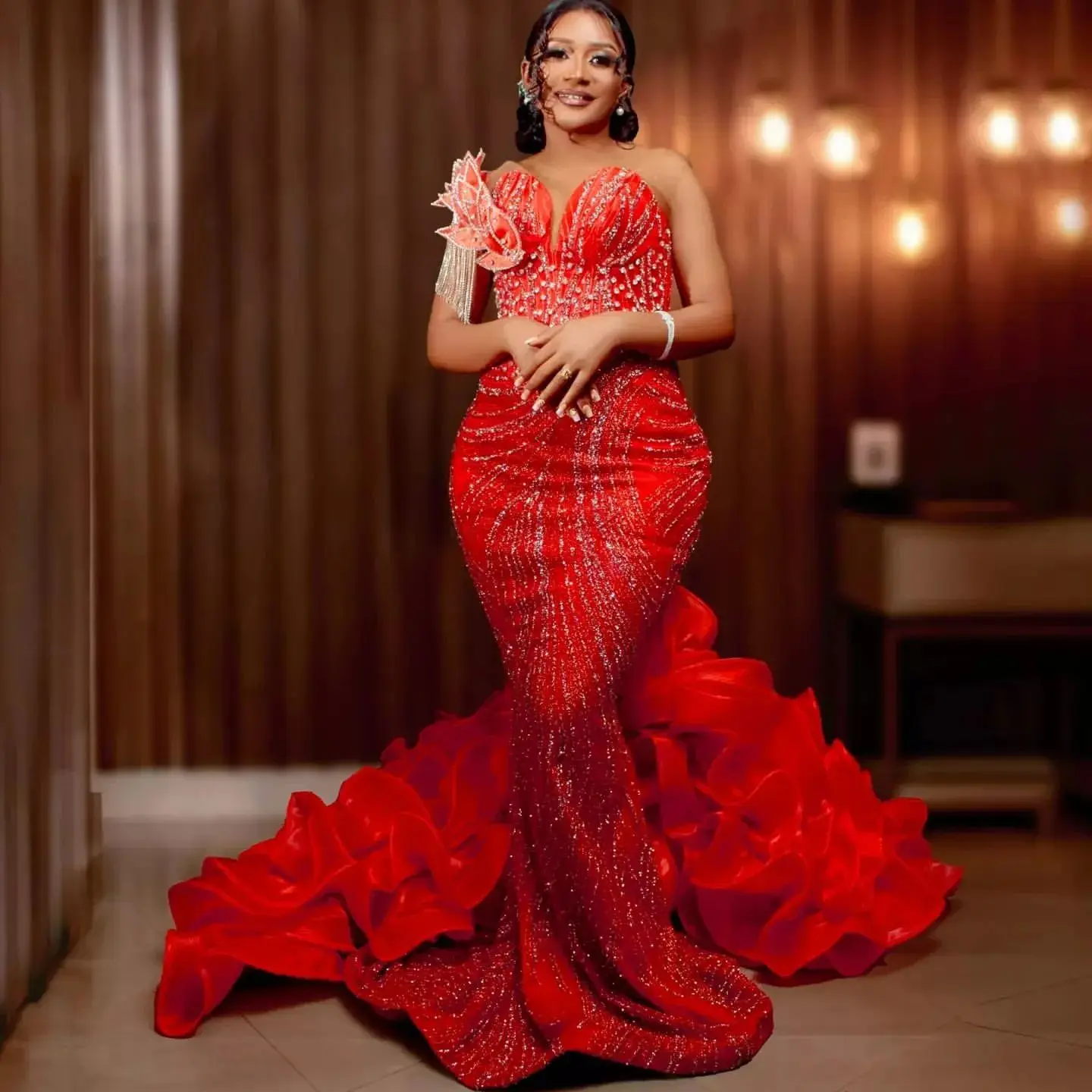 2024-Red-Mermaid-Prom-Dresses-Beaded-Crystals-Florals-Sequined-Evening-Formal-Party-Second ...