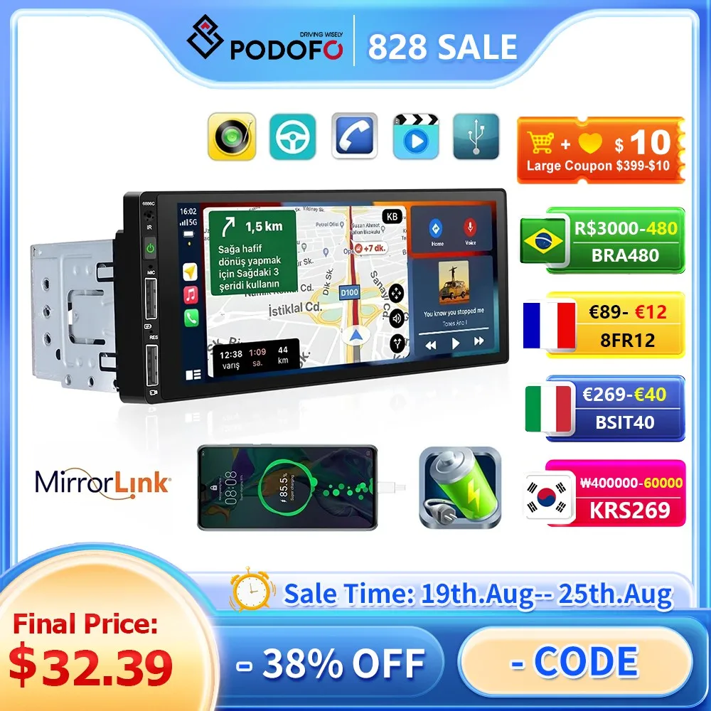 Podofo-1-Din-MP5-Car-Radio-6-86-MP5-Player-Wired-Carplay-Android-Auto ...