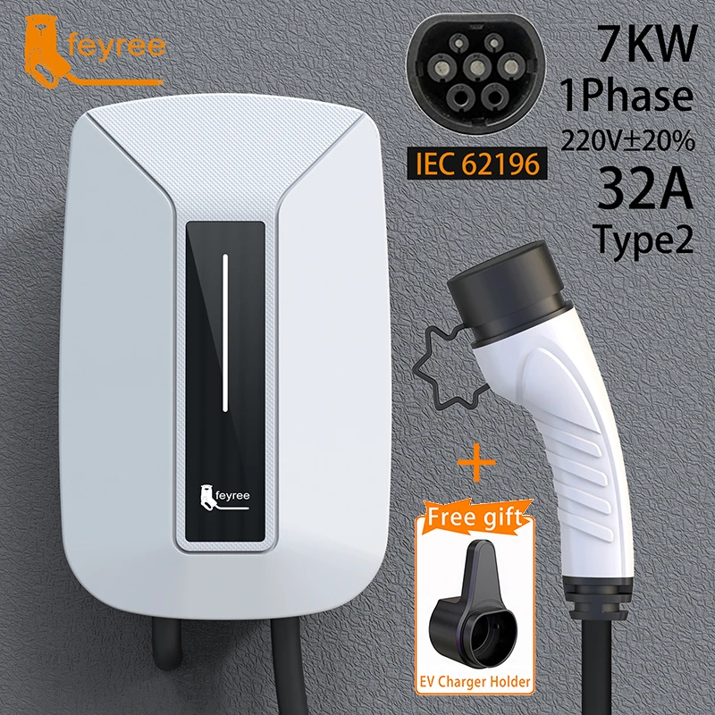 feyree EV Charger Type2 Plug EVSE Wallbox 32A 7KW IEC62196 2 Socket 1 Phase 5m Cable Wallmount ...