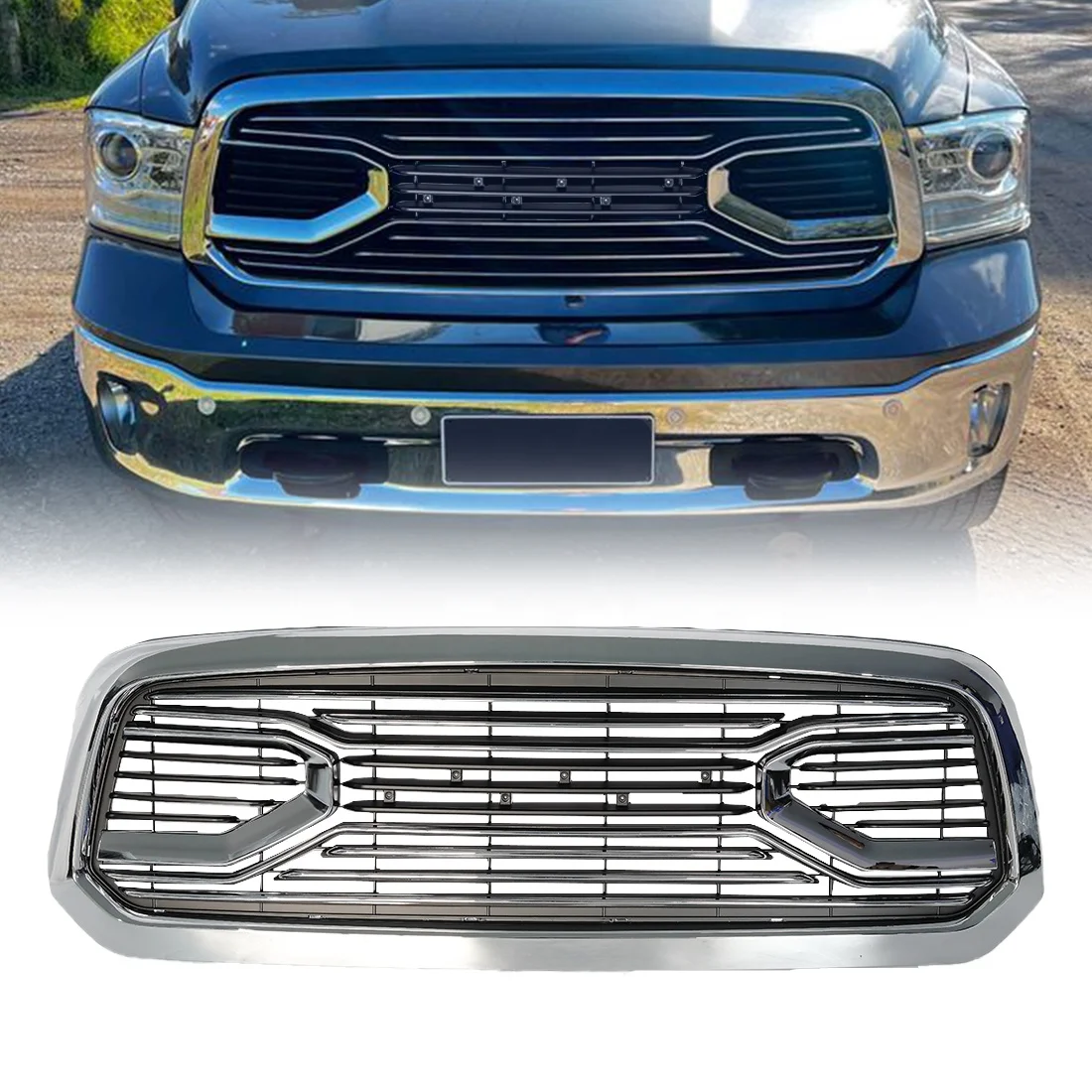 Custom-Car-Grills-Front-Chrome-Grille-Big-Horn-Style-Grill-For-Dodge ...
