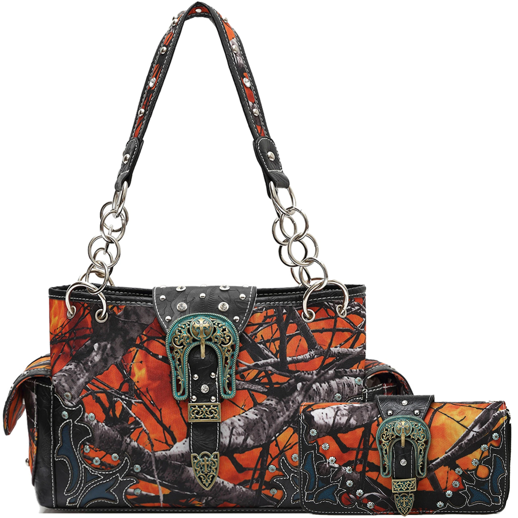 Western Style Camouflage Purse Rhinestone Studded Tooled Buckle Floral ...