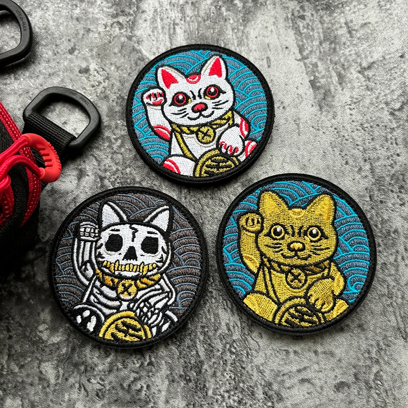 LUCKY-CAT-Embroidery-Patch-Metallic-Wire-Glitter-Mascot-Fortune-Round ...