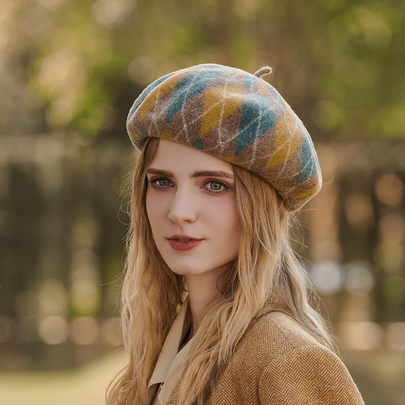 Women Wool Berets French Artist Hat Plaid Vintage Cap Beanies For Girls ...