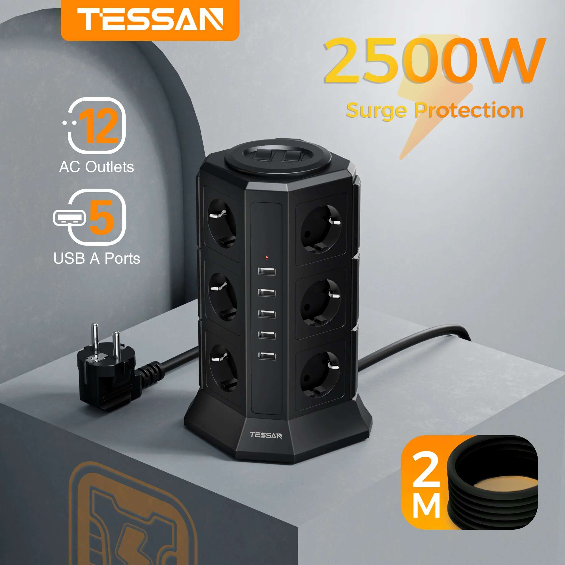TESSAN-Tower-Power-Strip-Multiple-Socket-with-12-Outlets-5-USB-Port-2M ...