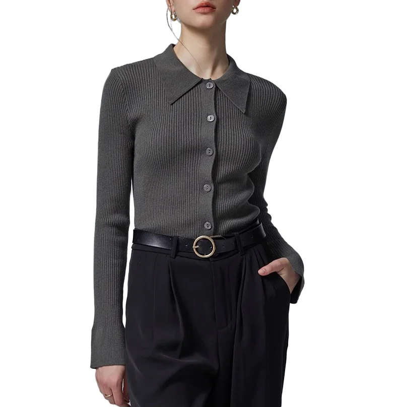 Wool-Blended-Ribbed-Polo-Cardigan-Women-Sweater-Essential-Knitted ...