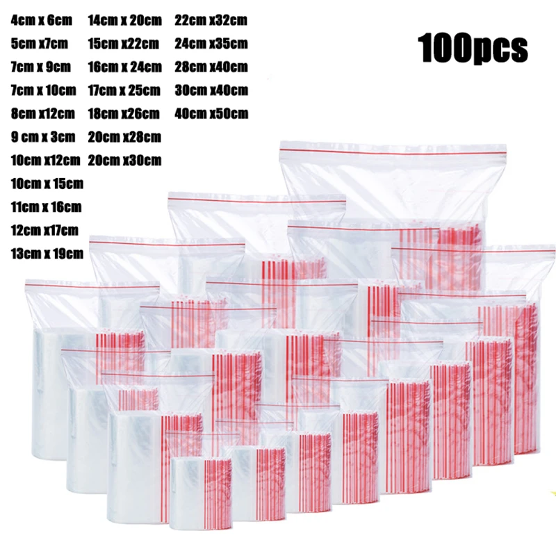 100 Pcs Resealable Zip Lock Bags Self Seal Clear Plastic Poly Ziplock ...