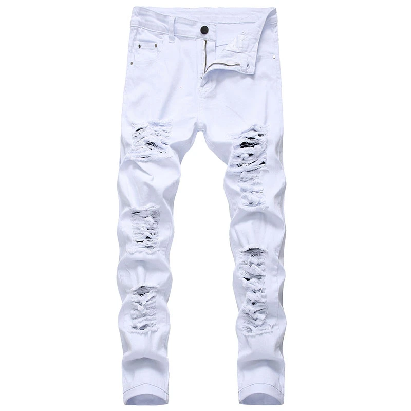 Ripped White Skinny Jeans Men | Men Jeans Stretch Ripped White - Men's White Jeans - Aliexpress