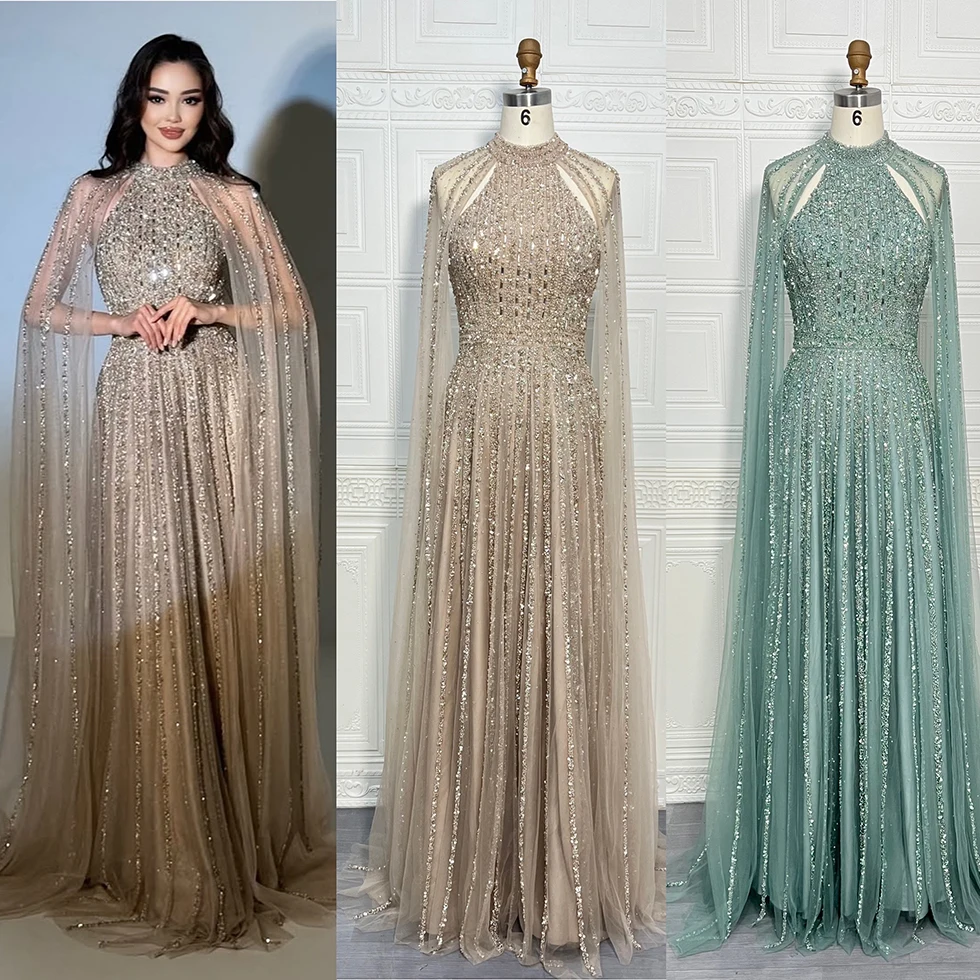 Elegant Arabic A Line Cape Sleeves Evening Dress 2024 for Women Beaded ...
