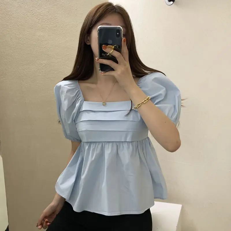 Blusa-plisada-de-manga-corta-para-mujer-camisa-holgada-informal ...
