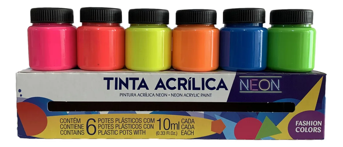 Conjunto de 6 Tintas Acrílicas Neon Fluorescentes 10ml da Acrilex ...