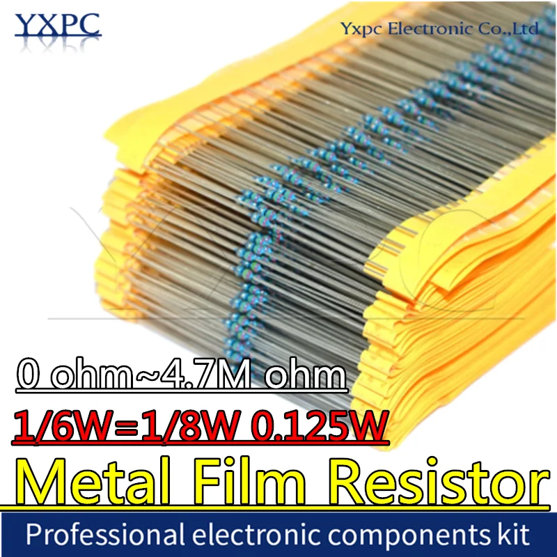100pcs 1/6W 1/8W 0.125W 1% Metal film Resistor 0R~4.7M 0R 2.2R 10R 22R ...