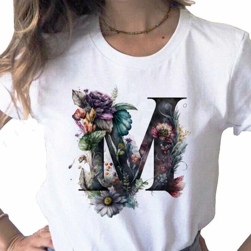 New Women T Shirt Custom Name Letter Combination Print Tshirt Flower ...