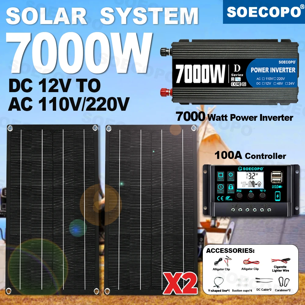 SOECOPO 7000W Peak Solar System Kit 2x800W Panels 100A Controller DC ...
