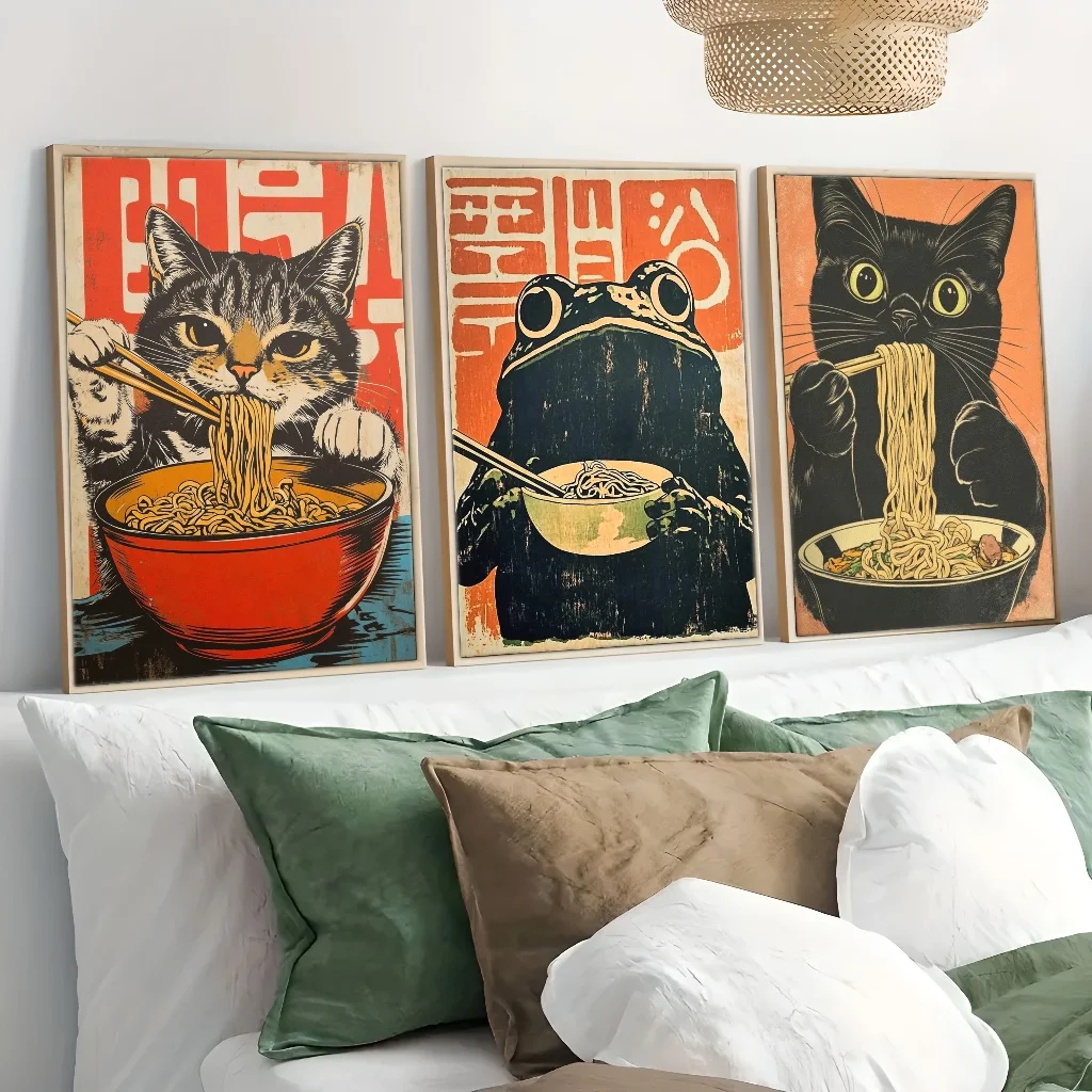 3pcs/set Black Cat and Frog Eating Ramen Weird Kitchen Canvas Print ...