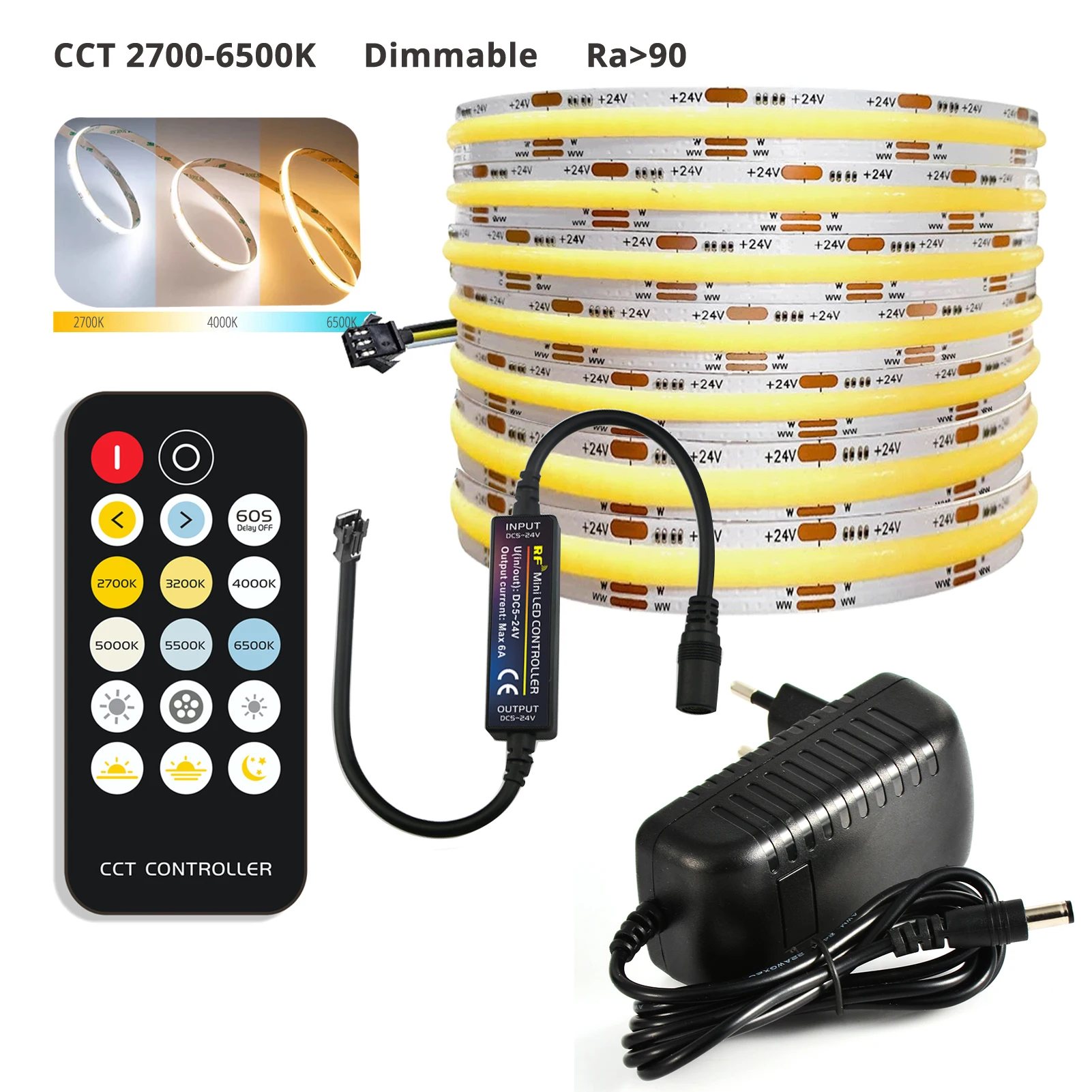 3CCT COB LED Strip Light Kit Tape Linear Lights Tunable 2700K-6500K ...