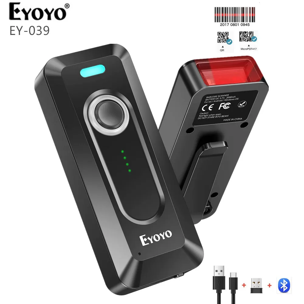 Eyoyo EY-039 2D Bluetooth Barcode Scanner Wireless with Clip 2000mAh Battery Level Indicator ...
