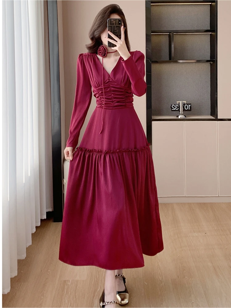 Women-Elegent-Wine-Red-Satin-Prom-Party-Dress-Female-French-Long-Sleeve ...