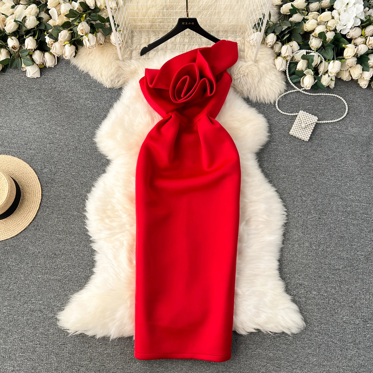 Elegant Sleeveless Three-dimensional Flower Strapless Dress Chic ...