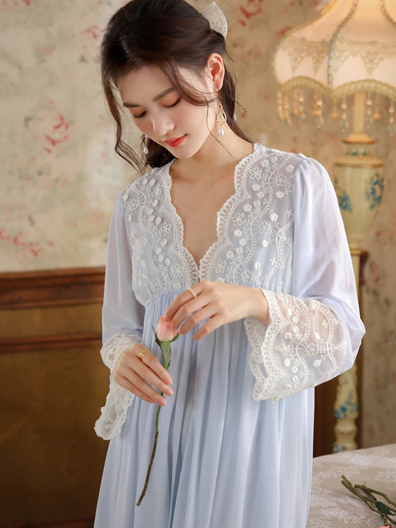Women Nightgowns Ruffles Fairy Dress Long Sleeve Spring Breast Pad ...