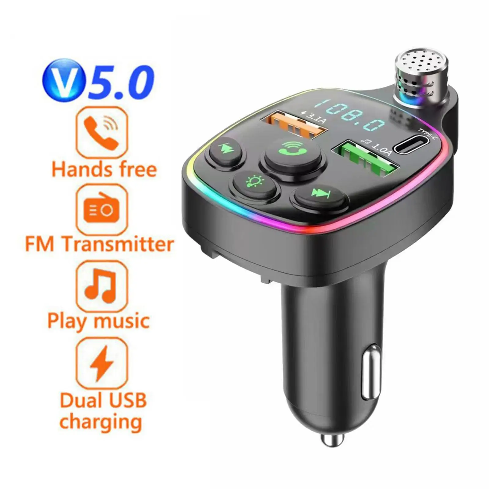 Car Bluetooth 5.0 Fm Transmitter Quick Charge Large Microphone One Key ...