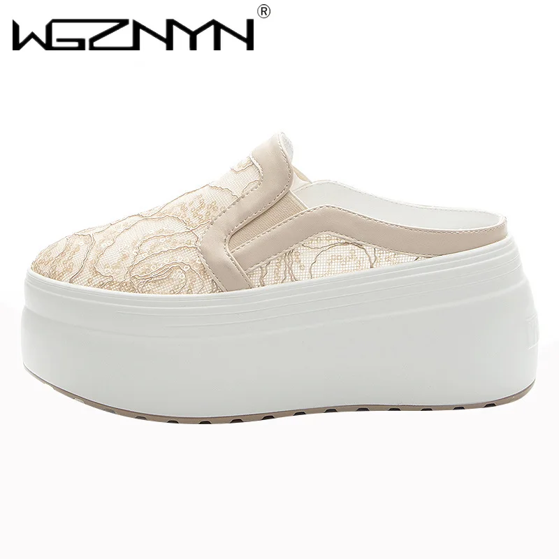 8cm Luxury Air Mesh Lace Genuine Leather Comfy Platform Wedge Slippers ...