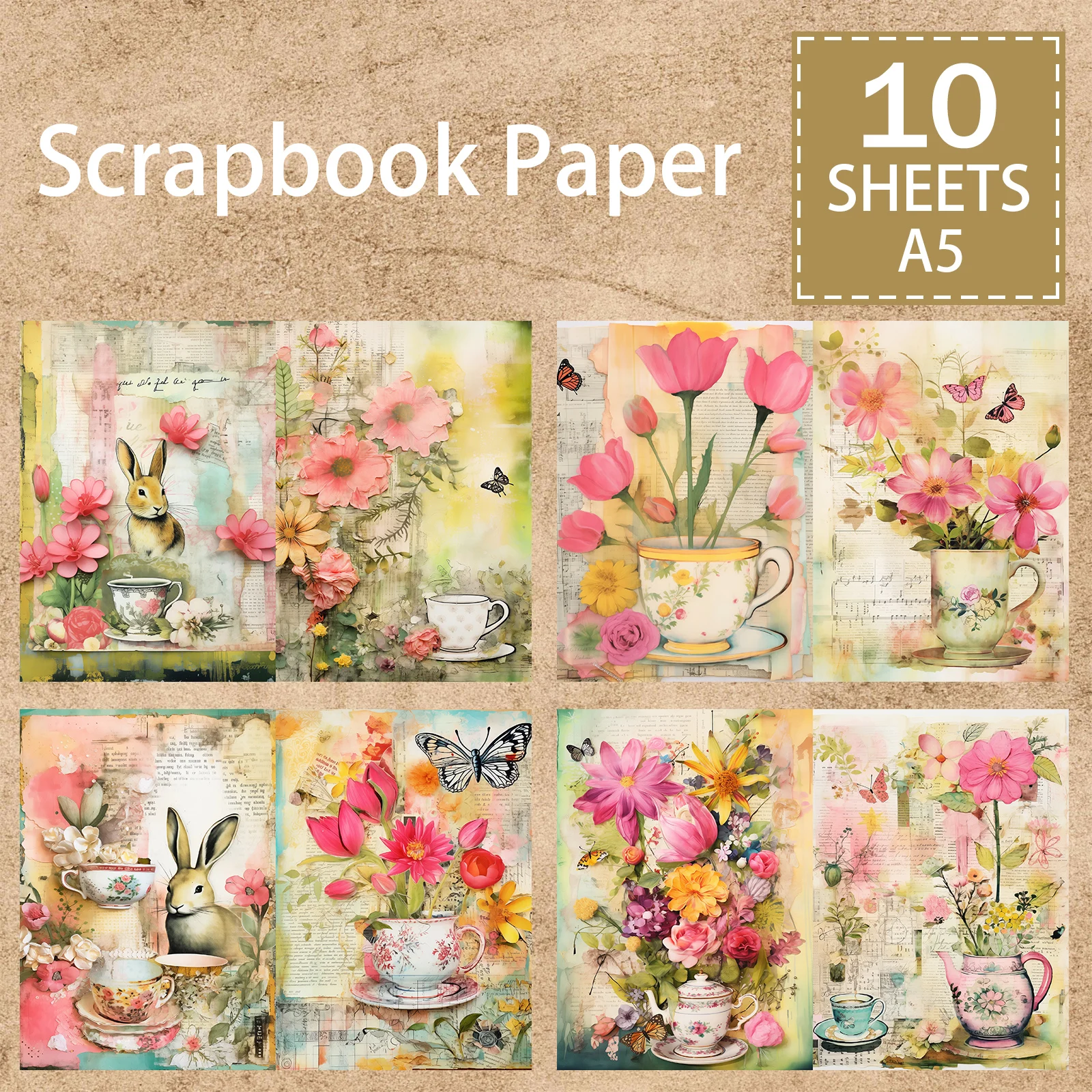 10-Sheets-A5-Size-Plant-Cup-Flower-Animal-Rabbit-Background-Vintage ...