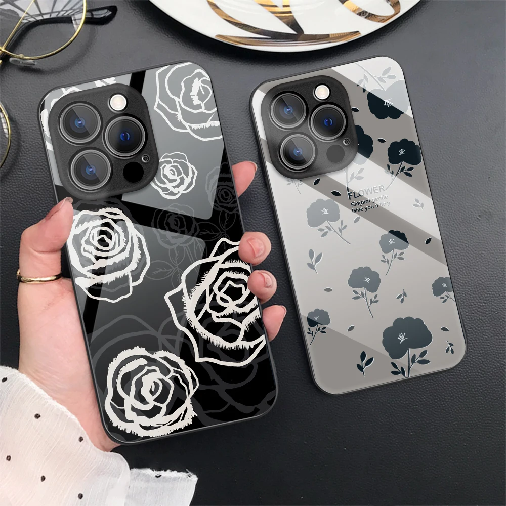 Black-Rose-Phone-Case-for-iPhone-14-13Pro-12-ProMax-Luxury-Tempered ...