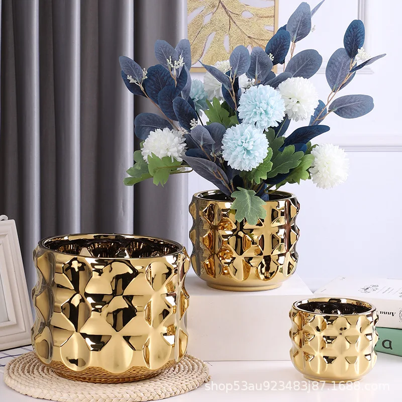 Gold-Ceramic-Flower-Pot-Geometry-Flower-Vase-Golden-Pot-Planting ...