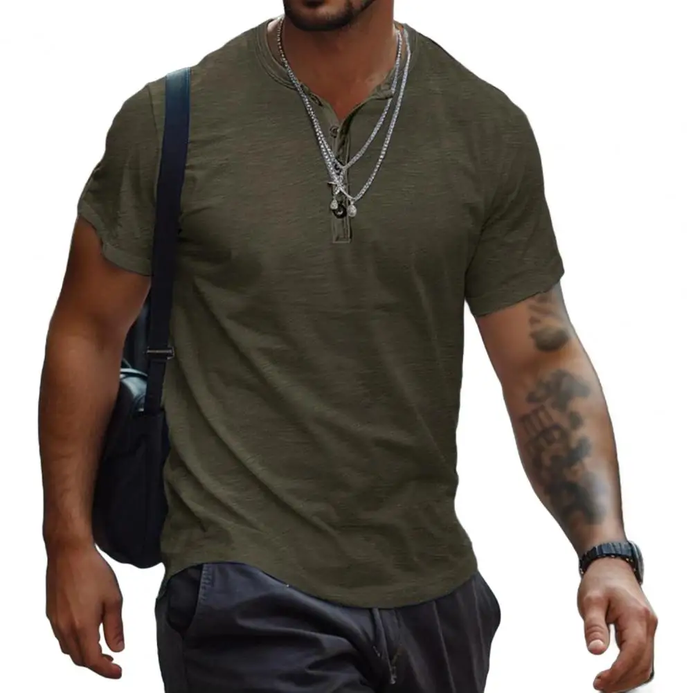 Men Henry Neck T-shirt Casual Men's Solid Color Button Tee Shirt for ...