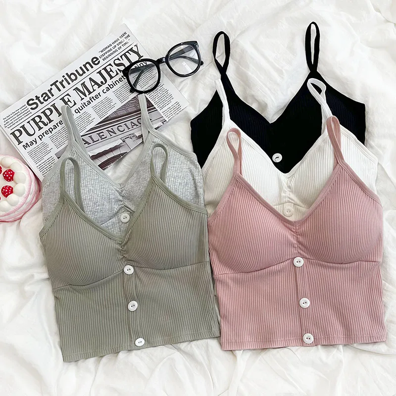 Heliar-Frauen-kn-pfen-Crop-Tops-stricken-Tank-Top-weibliche-gepolsterte ...
