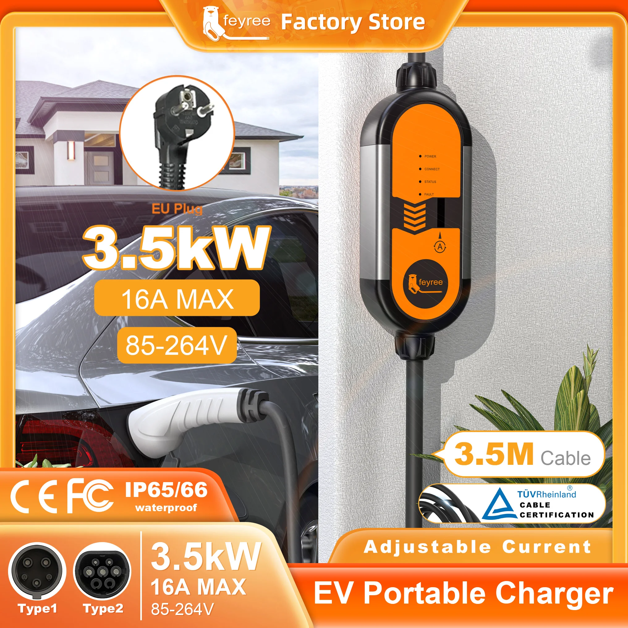 feyree Portable EV Charger Type2 16A 3.5KW EVSE Charging Cable Type1 ...