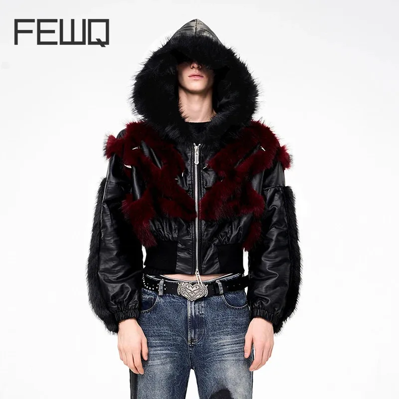 FEWQ High Street Men's Jackets Faux Fur Patchwork Contrast Color Hooded ...