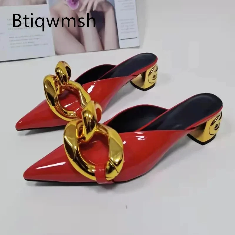 Gold Chain Slippers Woman Pointed Toe Red Black Patent Leather High ...