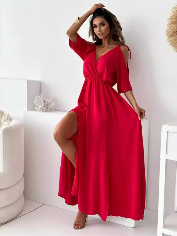 Summer V-neck Skirt Slit Dress Off-shoulder Sleeves Sexy Spaghetti ...