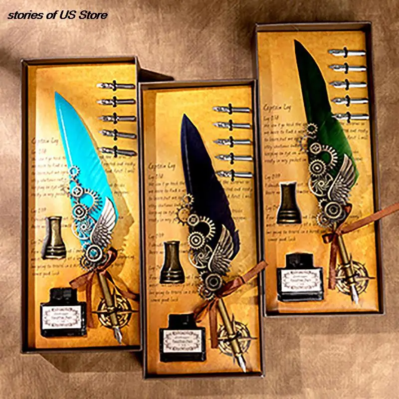 1Set-Vintage-Calligraphy-Pen-Antique-Feather-Dip-Pen-Ink-Set-Fountain ...
