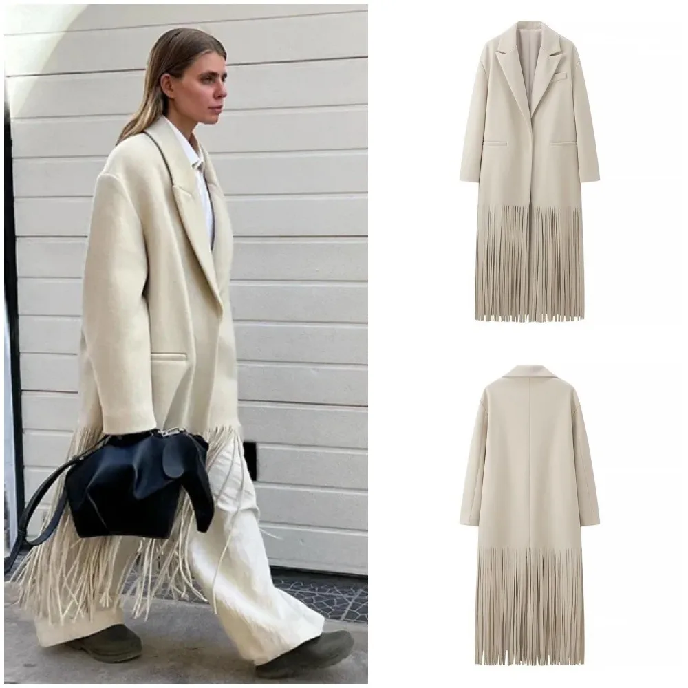 Tassel Apricot Women's Coat Elegant Autumn Long Sleeve Lapel Female ...