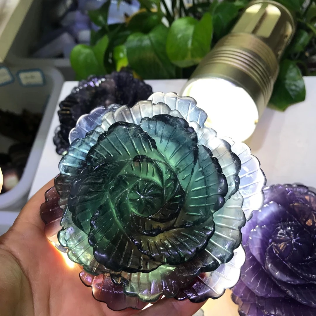 110mm Natural Crystal Colorful Fluorite Peony Flower Carving Healing ...