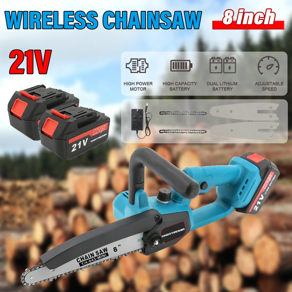 2 Battery 8 Inch Mini Cordless Chainsaw Handheld Electric Chainsaw Wood ...