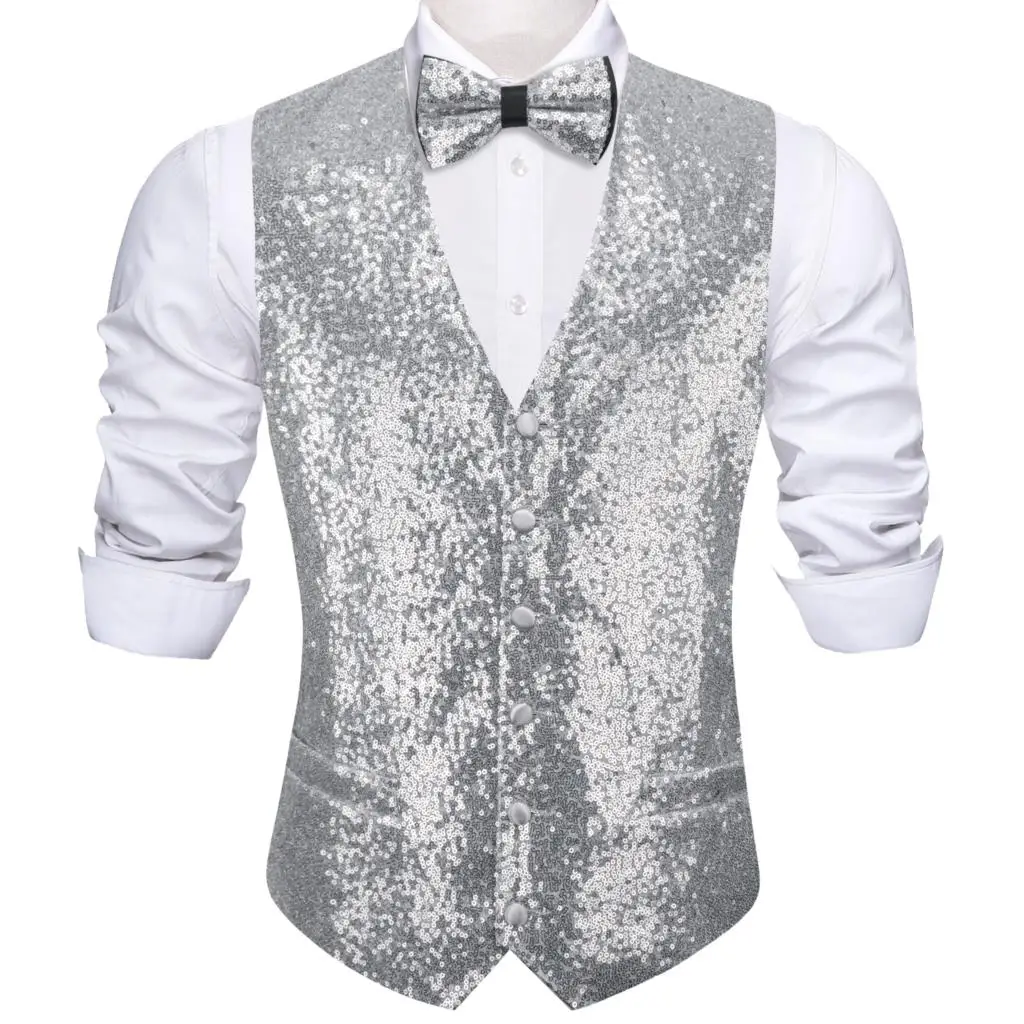 Luxury-Vest-for-Men-Silk-Shine-Silver-Solid-Plain-Waistcoat-Bowtie-Set ...