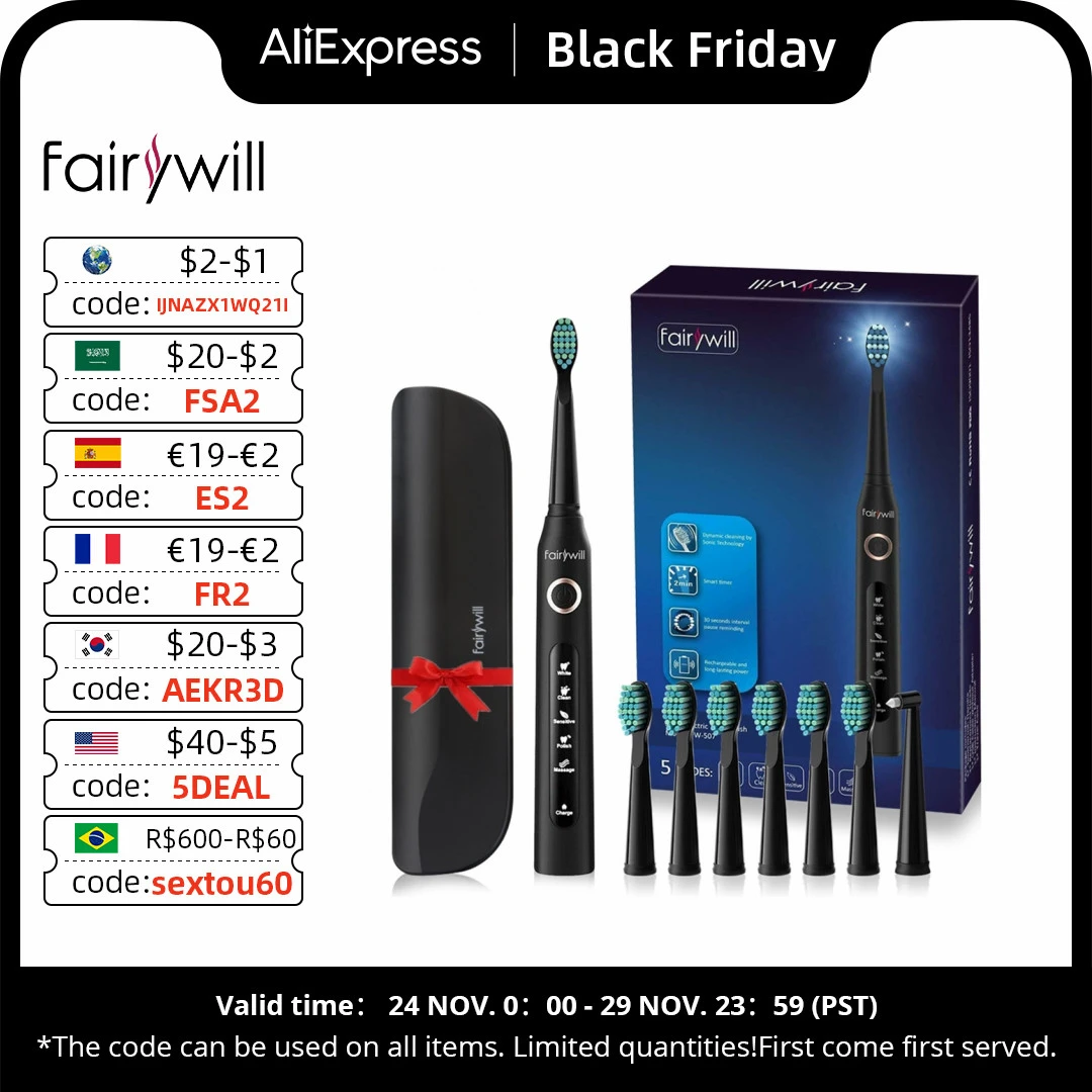 Fairywill FW 507 Sonic Electric Toothbrush 5 Modes USB Charger Tooth ...