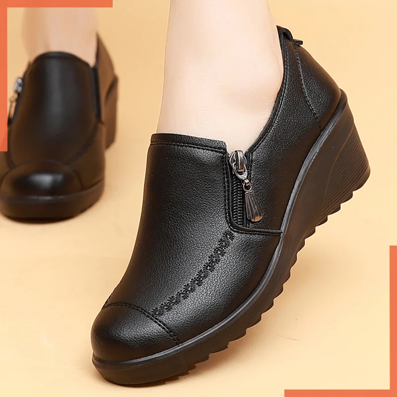 BCEBYL zapatos de tacón alto para mujer, calzado informal de piel auténtica con cuña, para ...
