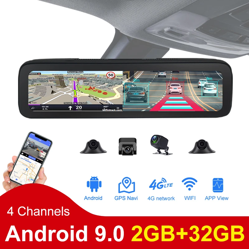 12" Android 9.0 4g Car Black Box 4chs Record Mirror 4g Car Dvr Camera ...