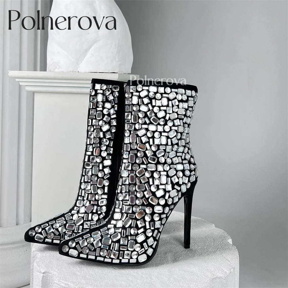 Black Suede Rhinestone Booties Luxurious Handmade Pointed Toe Stiletto ...
