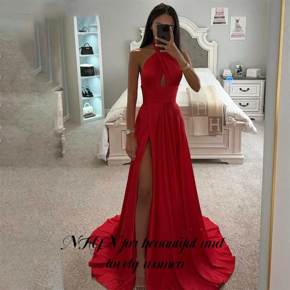 NFYN Halter Red Prom Dress Stain Beach Celebrity Dresses Side High ...