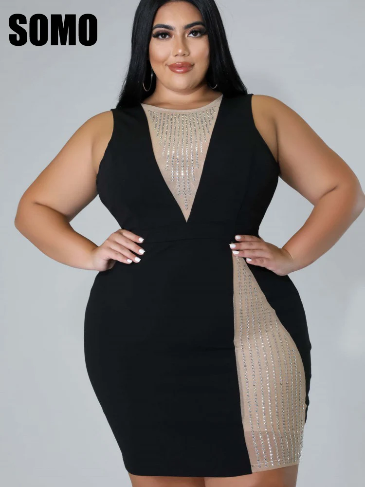 Somo Plus Size Women Summer Dress Sexy Mesh Ironing Diamond Splicing